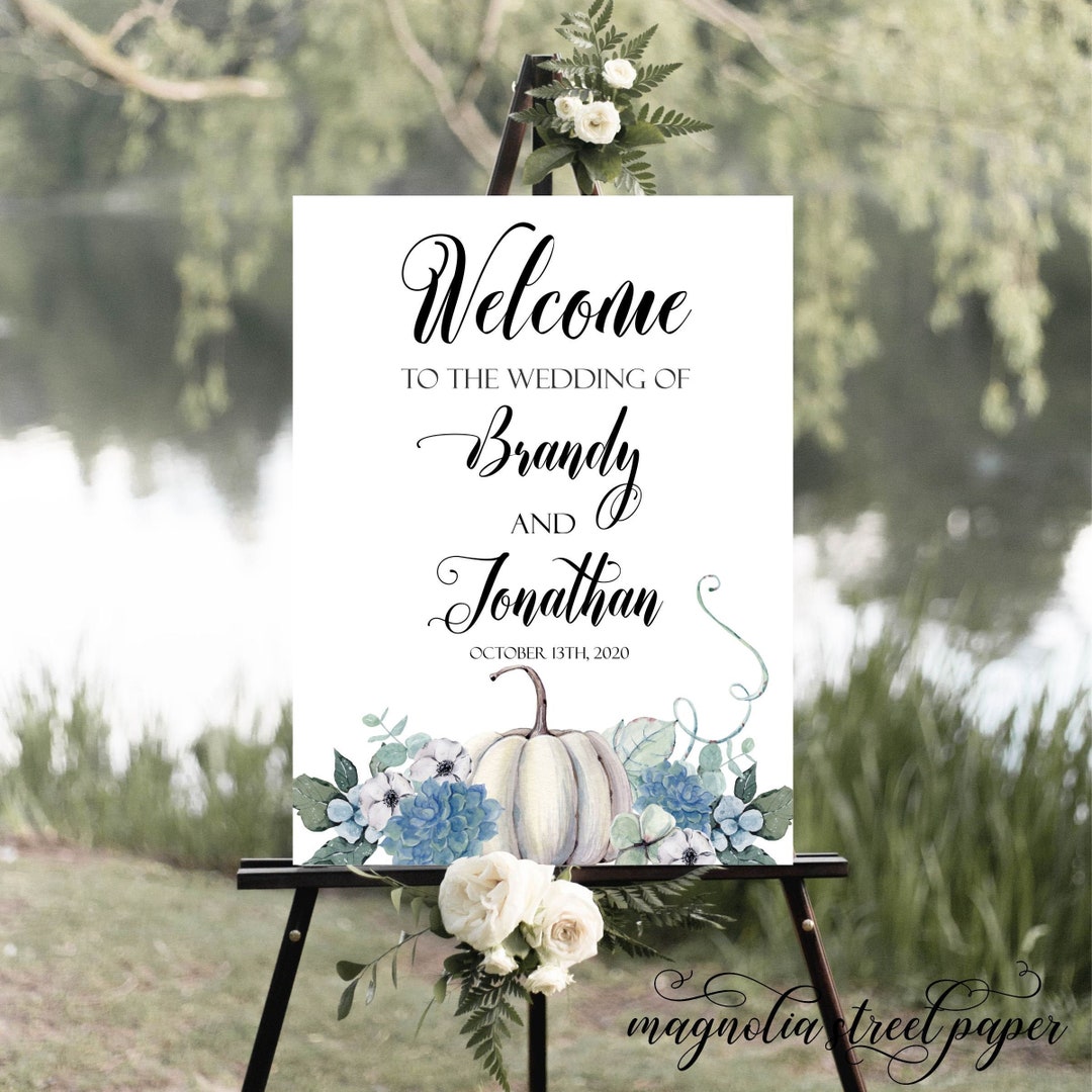 Fall Wedding Welcome Sign White Pumpkin and Dusty Blue Floral - Etsy