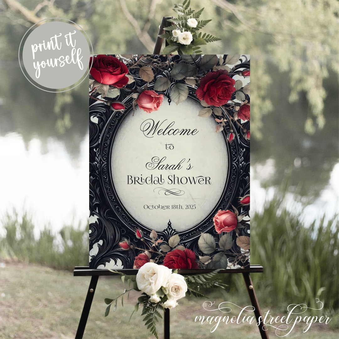 Dark Fantasy Goth Bridal Shower Sign, Elegant Moody Vintage Red Roses ...