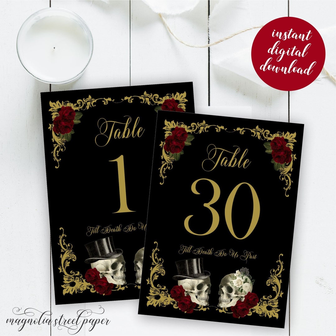Halloween Gothic Table Numbers, Printable Tables 1 - 30, Skull Couple ...
