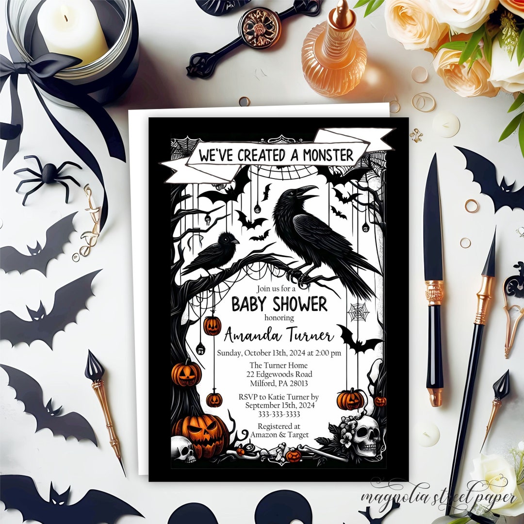 Halloween Goth Baby Shower Invitation, Gender Neutral Ravens and Bats ...