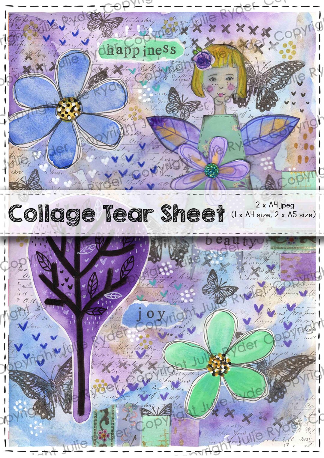 A4 and A5 Size Purple Teal Collage Tear Sheet Art Journaling Background ...