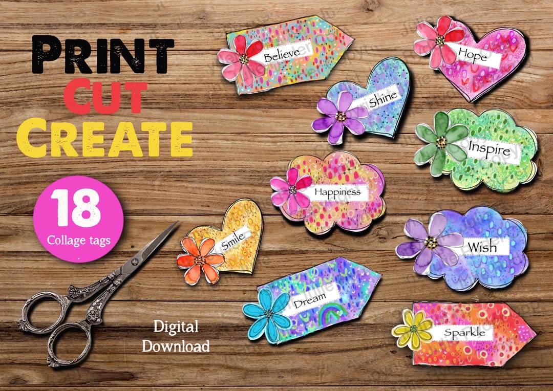 Mixed Media Collage Tags, 18 Printable Junk Journal Ephemera, Colorful ...
