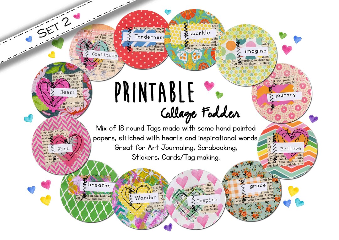 Printable Mix of 18 Stitched Hand Painted Made Printed Tags Collage ...