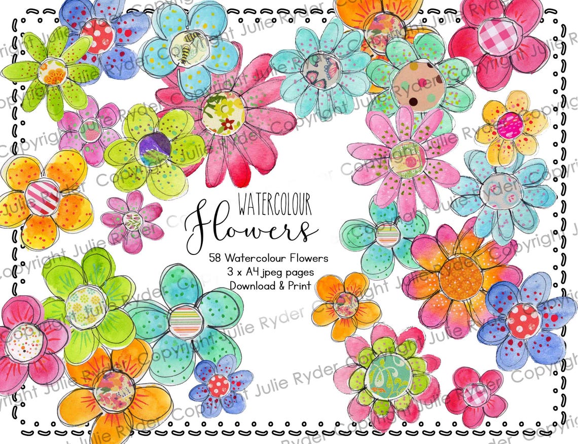 Whimsical Watercolor Flower Clipart, 58 Fussy Cuts, Junk Journal ...