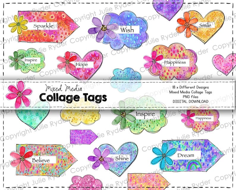 Mixed Media Collage Tags, 18 Printable Junk Journal Ephemera, Colorful ...
