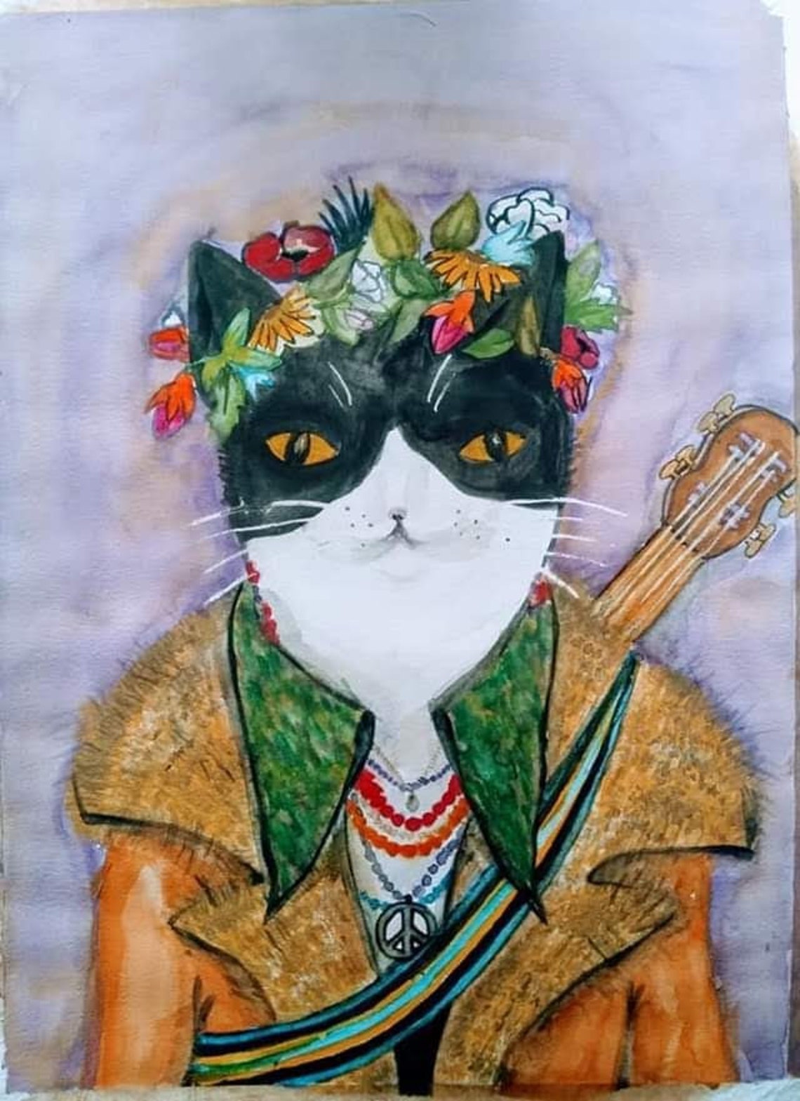Happy Hippy Cat Painting Cat Kitty Picture Gouashe - Etsy Hong Kong