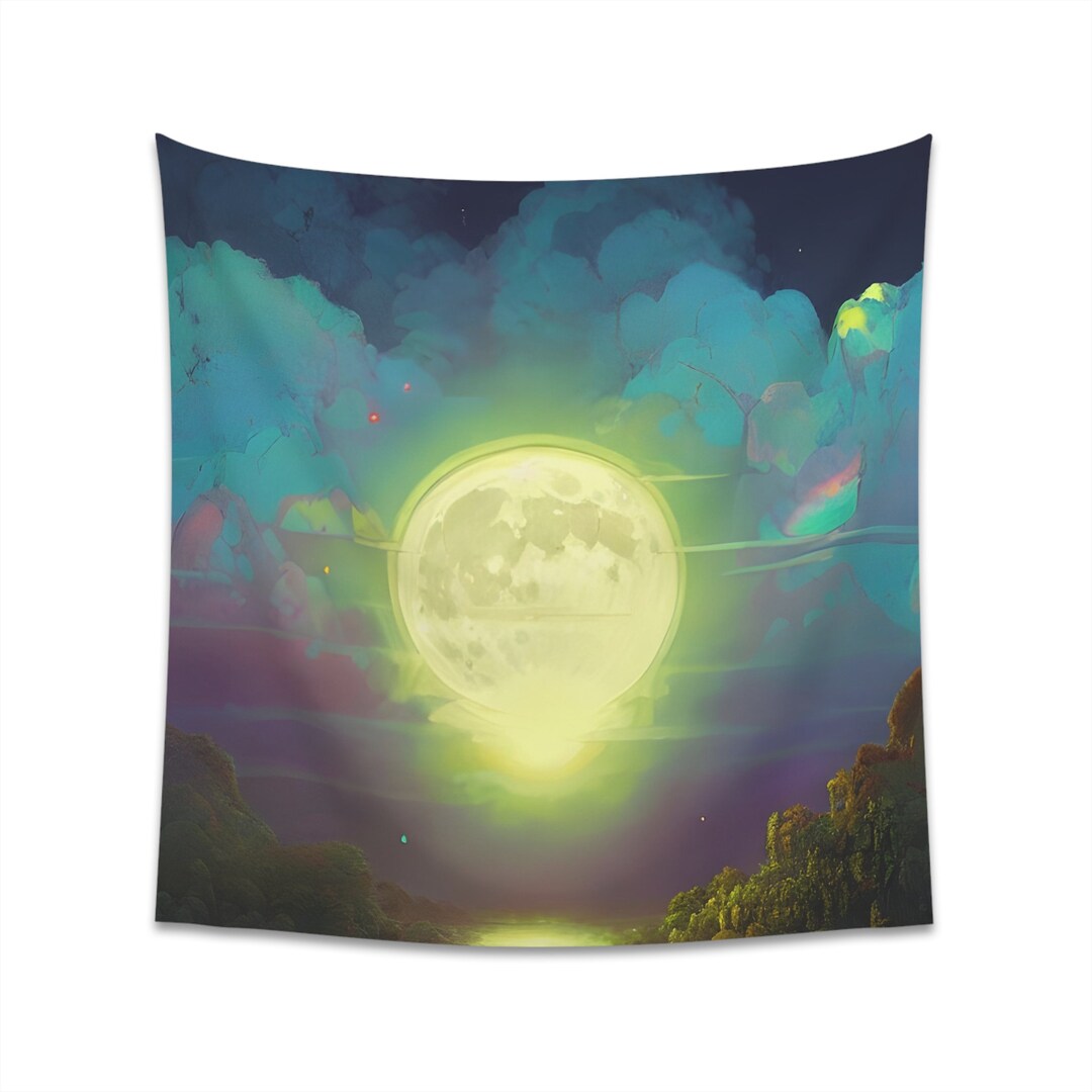 Psychedelic Full Moon Over Mirrored Lake Printed Wall Tapestry - Etsy