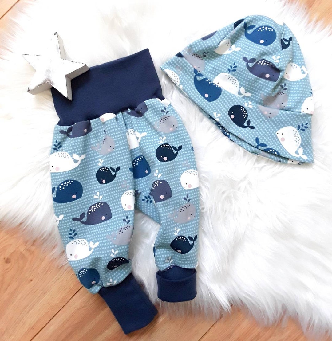 Baby Set Whale Whales Maritime Baby Outfit Harem Pants + Sun Hat Baby ...