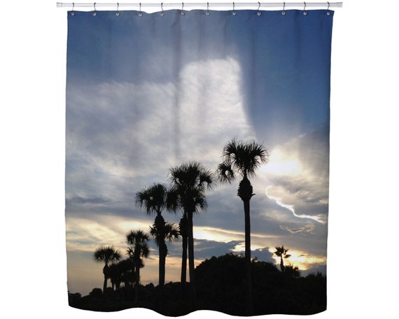 Shower Curtain Palms Bathrooms Decor Tree Clouds Blue Etsy