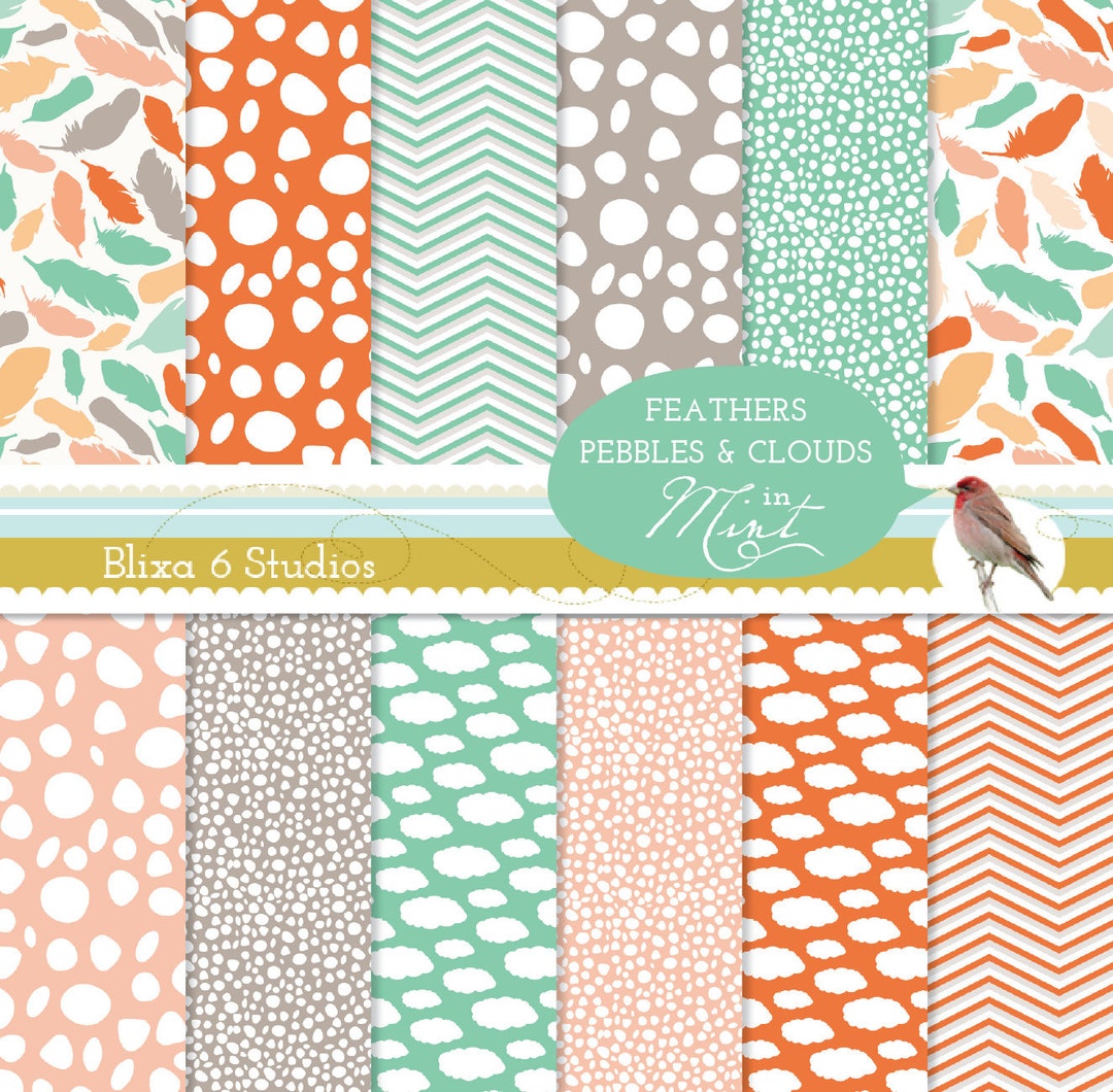 Digital Paper - 12 Mint & Coral Toned Printable Patterns of Feathers ...