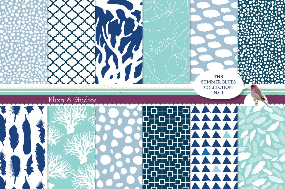 Summer Blues: Digital Paper Collection of 12 Printable Patterns in ...
