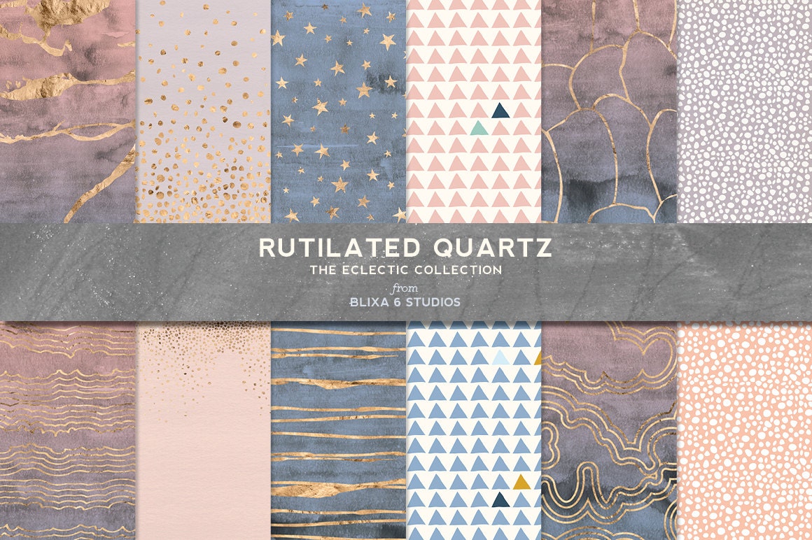 Rutilated Rose Quartz & Gold Marbled Digital Papers With Watercolor ...