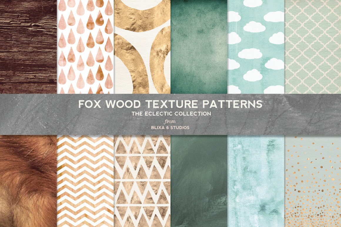 Fox Wood Textured Digital Paper Patterns With Gold Foil, Watercolor ...
