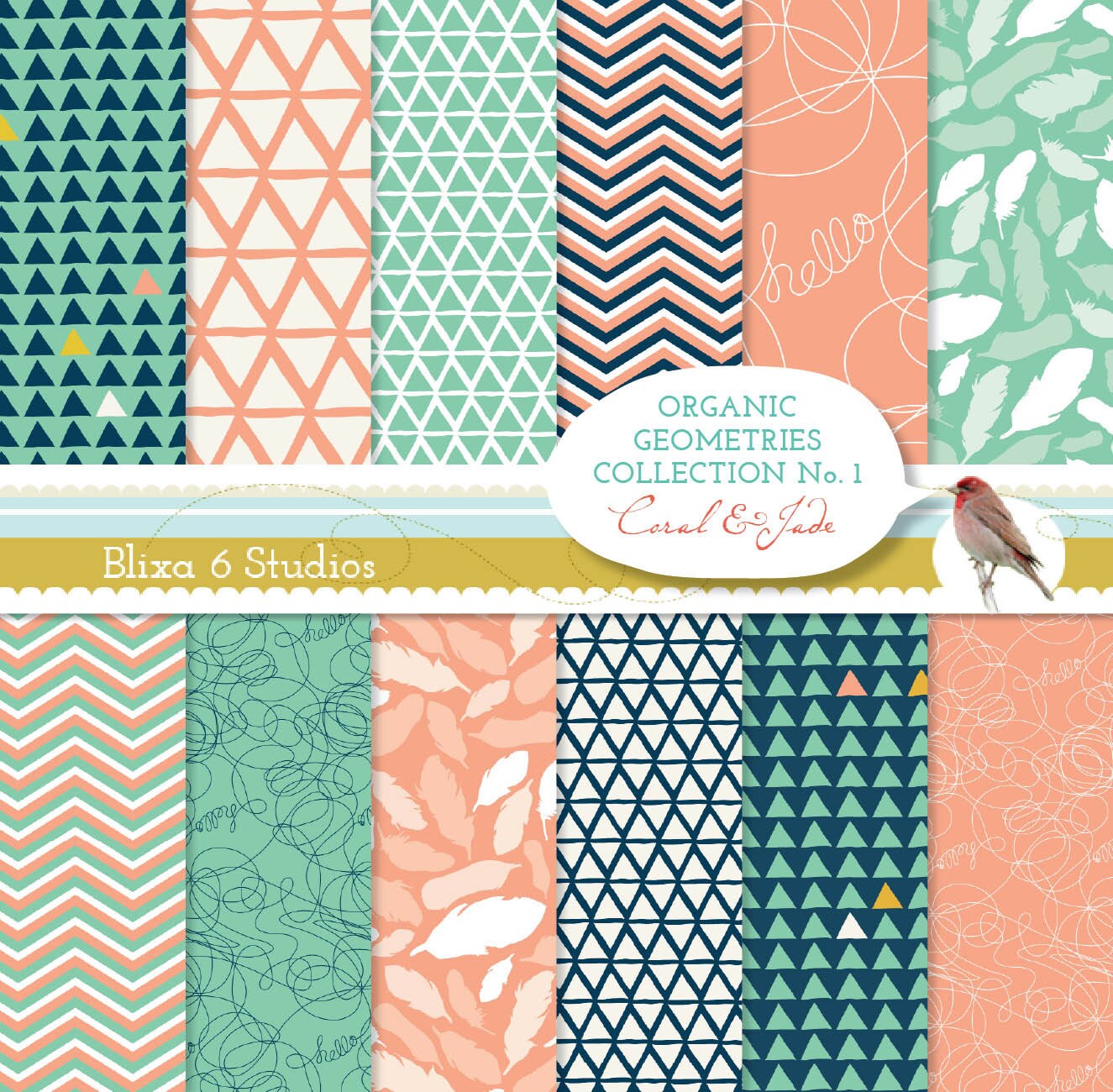 Natural Geometric Digital Paper Patterns in Coral, Navy & Jade for ...
