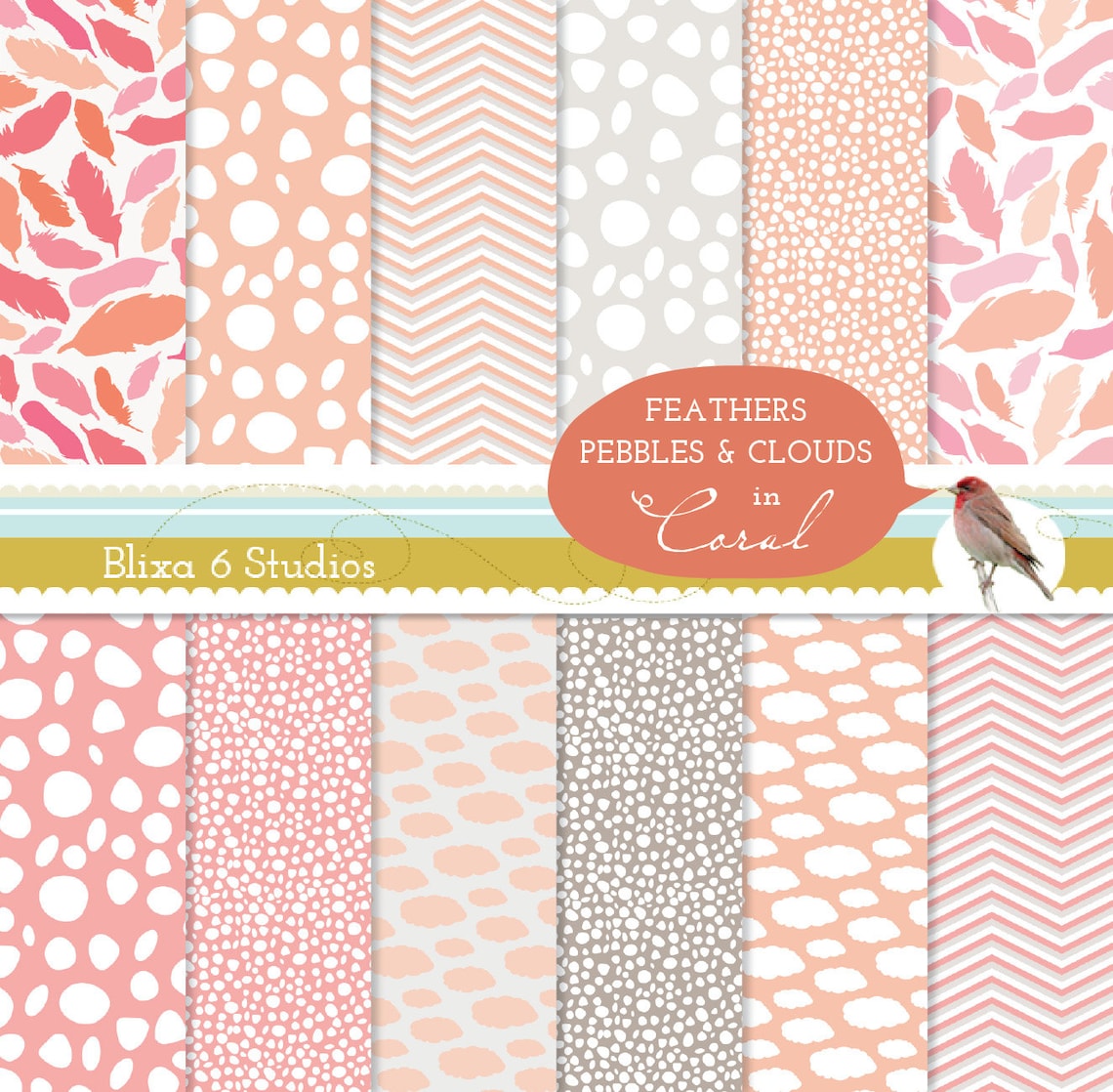 Coral Patterned Digital Paper - Printable Paper Patterns of Feathers ...