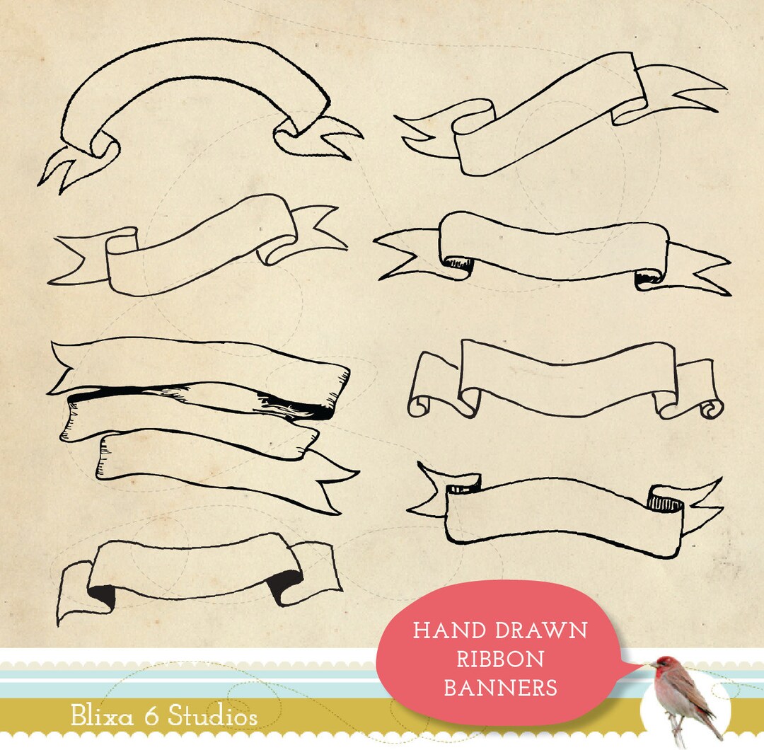 Hand Drawn Ribbon Banners Digital Clip Art - Transparent Hand Drawn ...