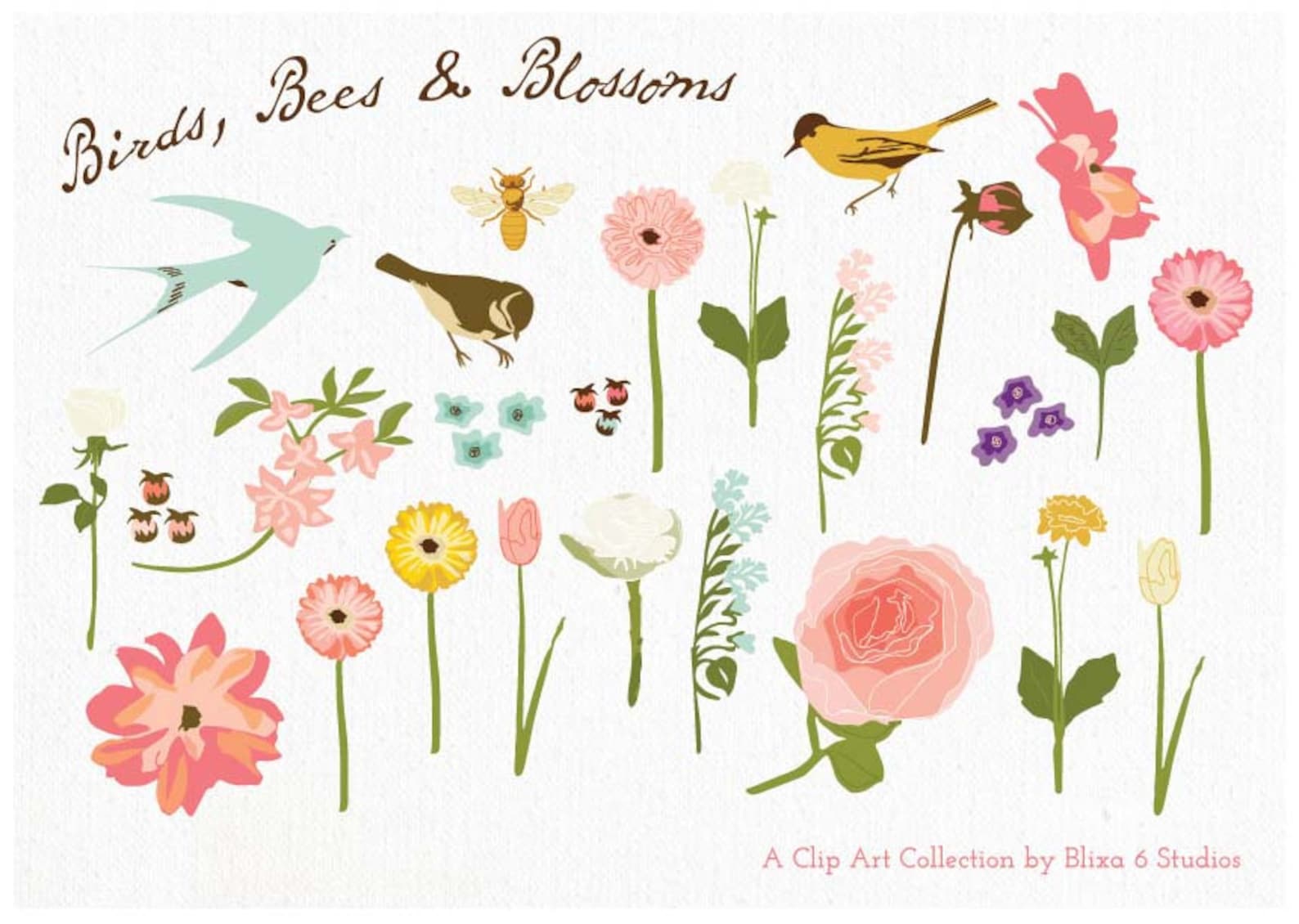 Floral Garden Digital Clip Art - Birds, Bees and Flower Blossoms ...