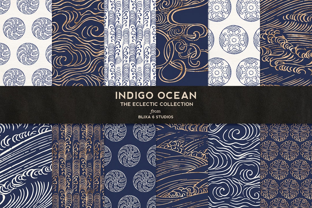 Indigo Ocean Waves Digital Backgrounds With Rose Gold Metallic Foil - Etsy