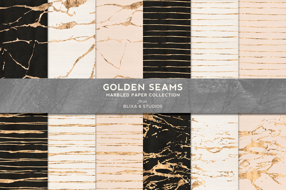 Golden Seams Marbled Gold Digital Papers in Rose Gold Foil on Shell ...