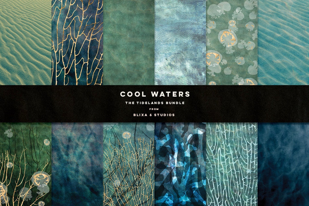 Cool Waters Aquatic Digital Clipart Backgrounds With Gold Coral ...