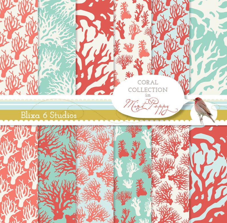 Aquatic Coral Digital Paper - 12 Coral Patterns in Mint, Coral Pink ...