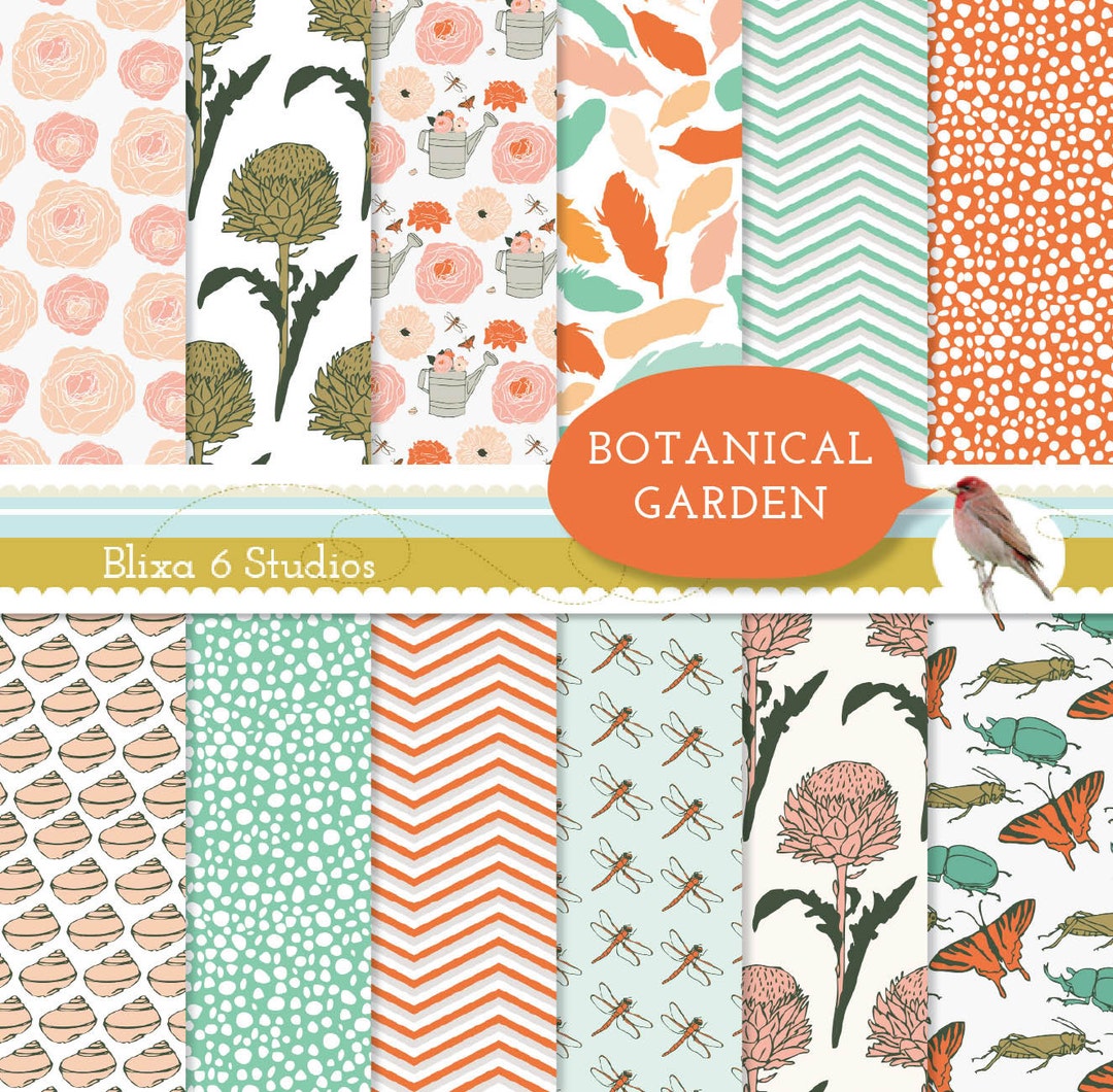 Digital Paper - 12 Coral and Mint Botanical Garden Patterns for ...