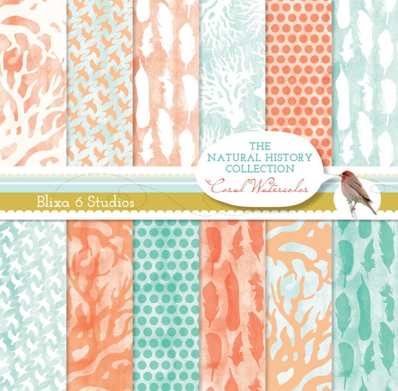 Mint & Coral Watercolor Digital Paper - Printable Patterns of Feathers ...