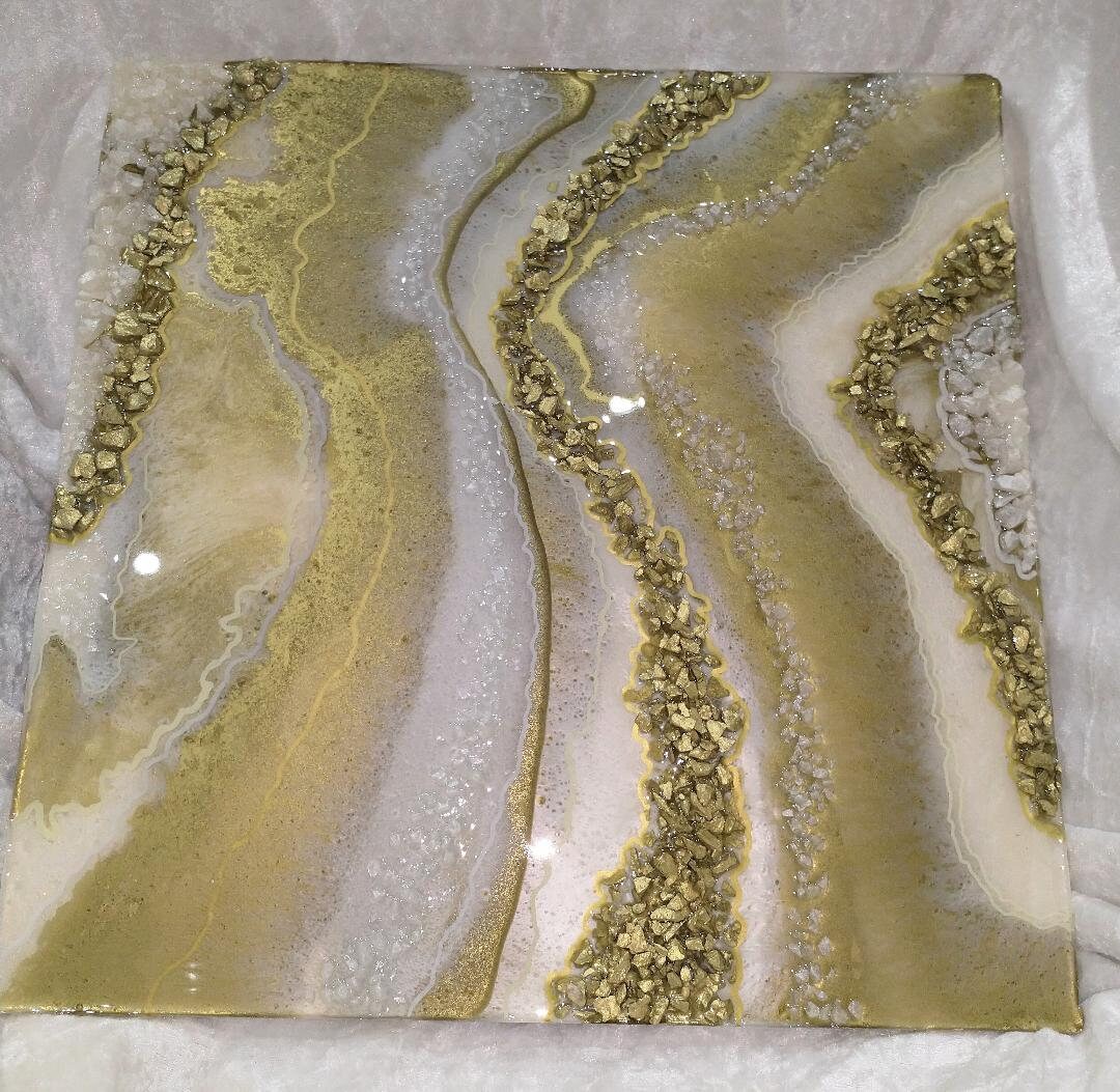 Stunning one of a kind gold resin geode wall Art 40cm square