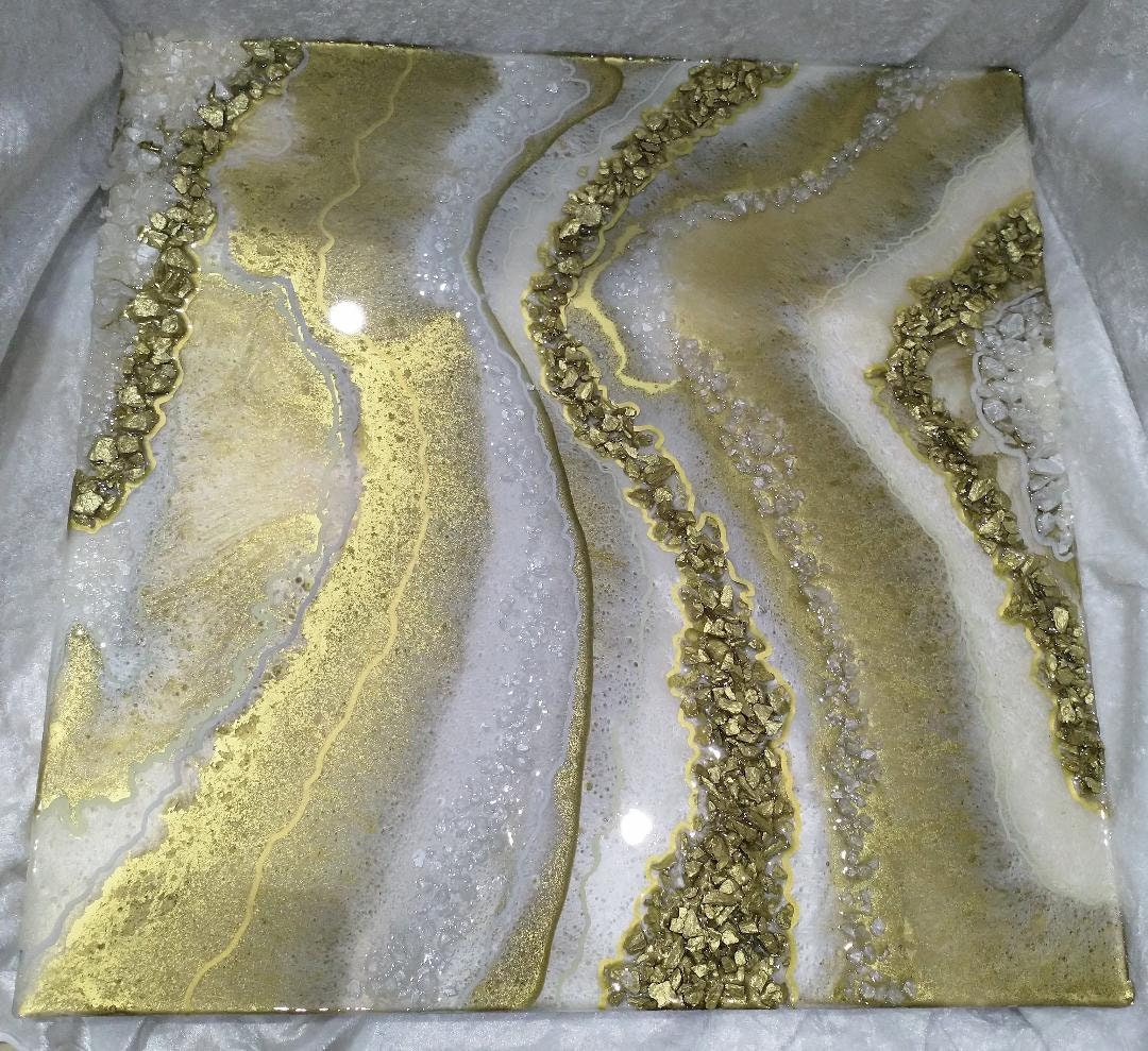 Stunning one of a kind gold resin geode wall Art 40cm square