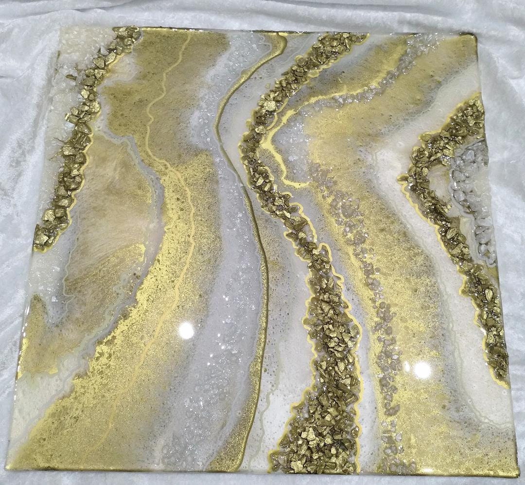 Stunning one of a kind gold resin geode wall Art 40cm square