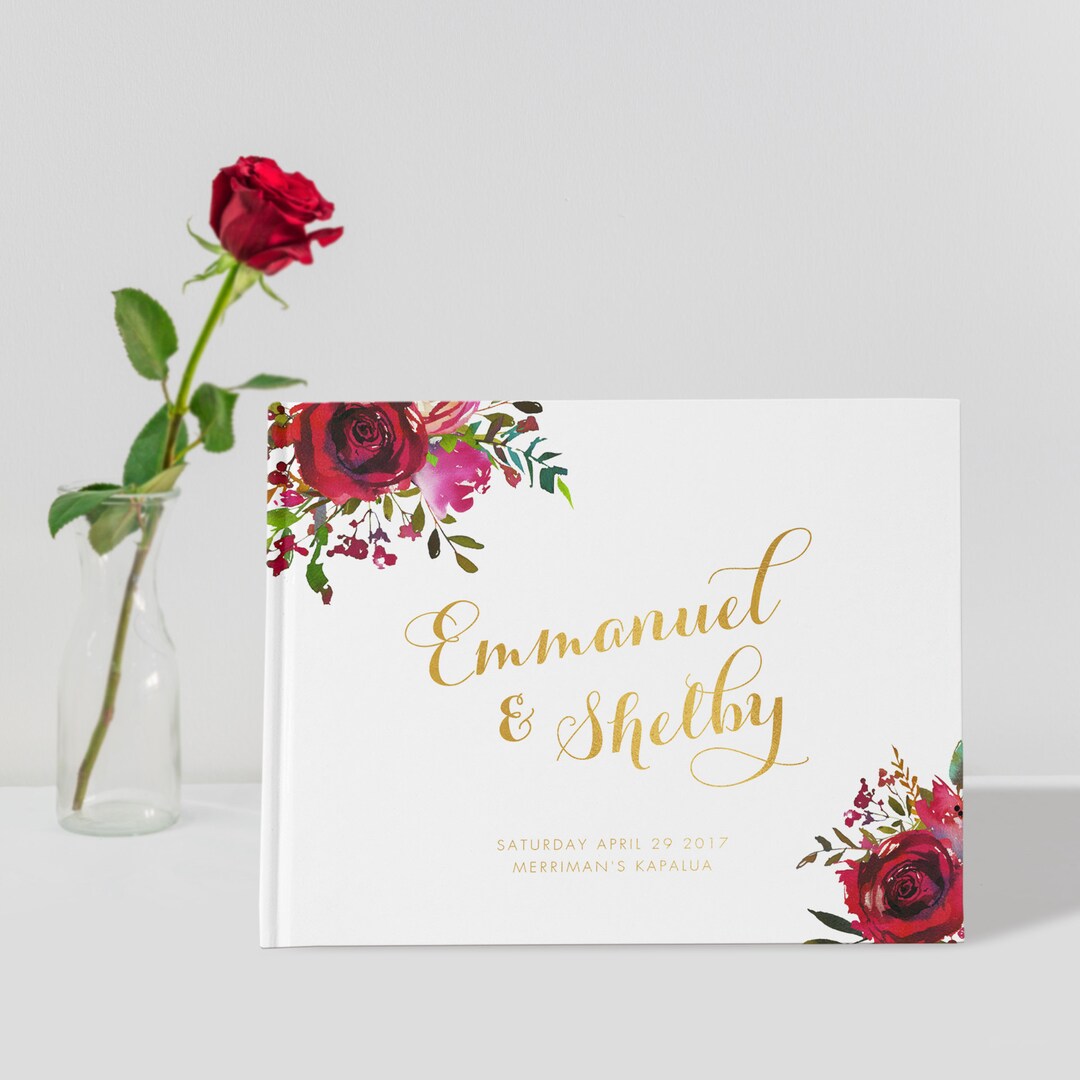 Rose Wedding Guest Book, Maroon Guest Book, Gold Foil Wedding Guestbook ...