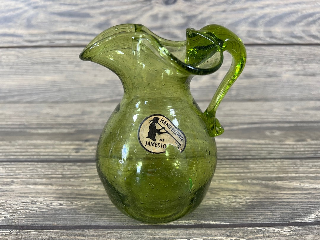 Hand Blown at Jamestown Green Bubble Glass Pitcher - Etsy