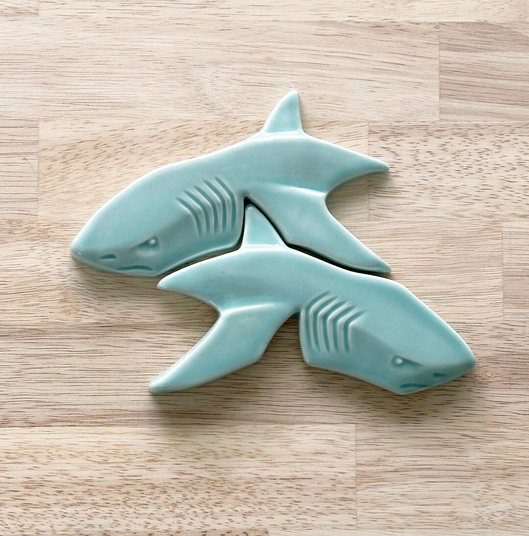 Handmade Ceramic Shark Tiles; Coastal Decor Backsplash Accent; Set of 2 ...