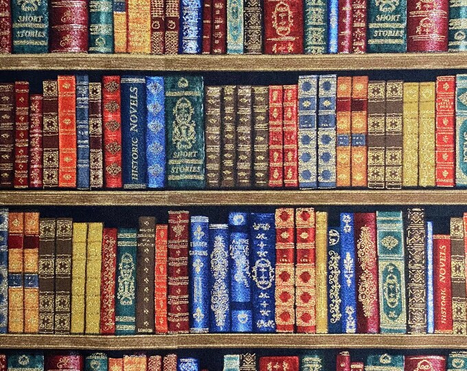 Fabric by the Half Yard - Bookcase, Metallic Gold Highlights, School ...