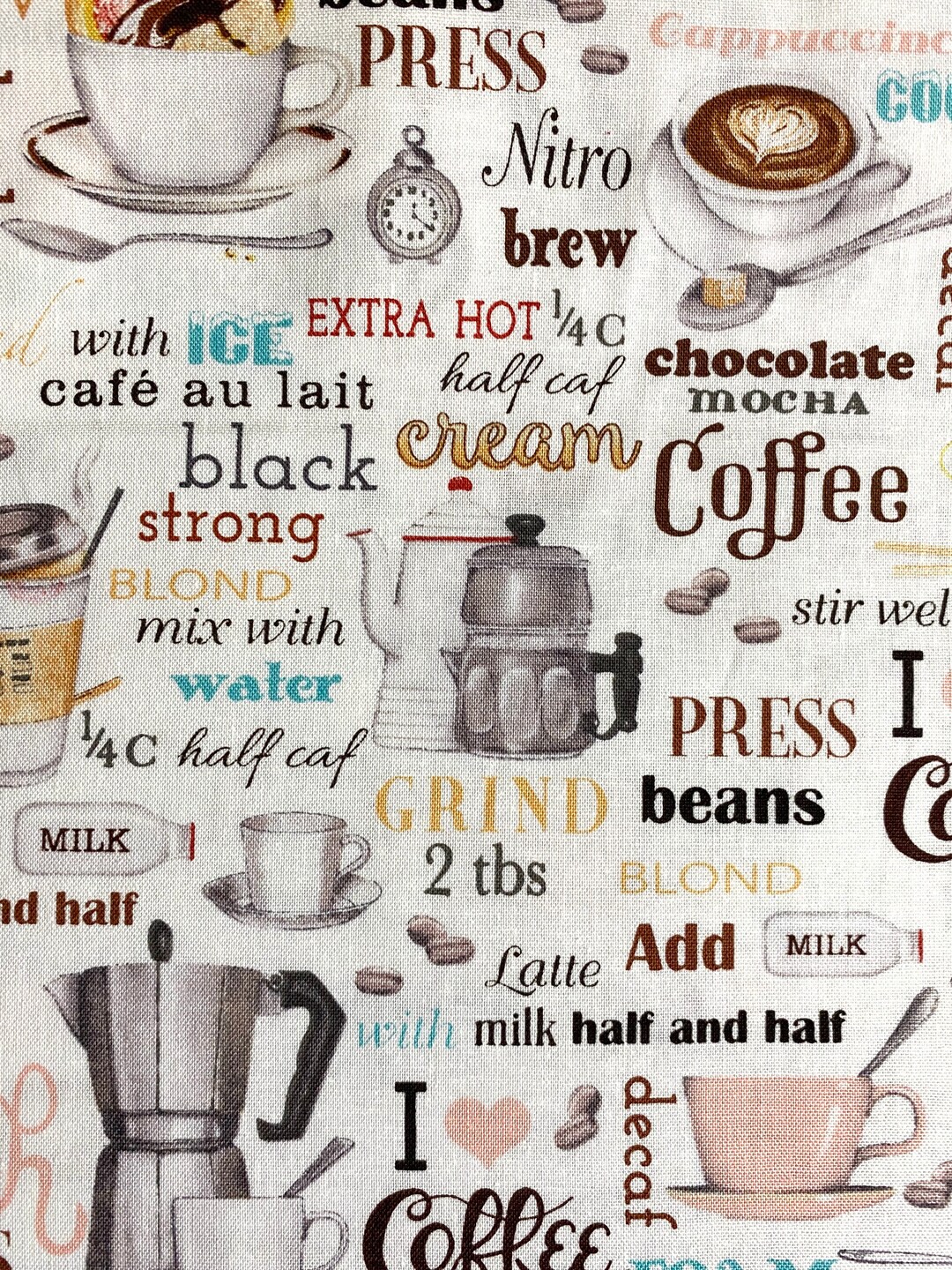 Fabric by the Half Yard - Coffee House Fabric, Coffee Fabric, Cream ...