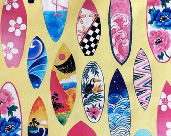 Retro Surfing Fabric Surfboards Multi Orange Teal on Grey by ...