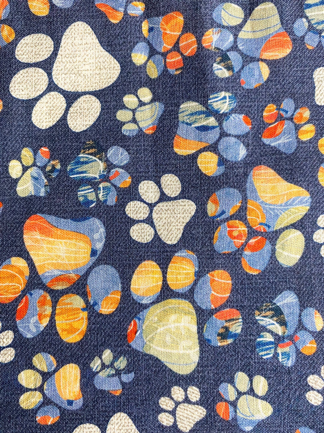 Fabric by the Half Yard Multi Colored Paw Prints on Deep Blue, Paw ...