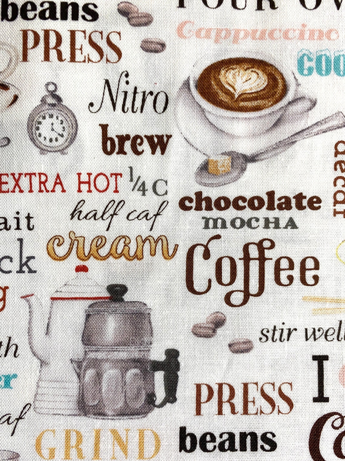 Fabric by the Half Yard - Coffee House Fabric, Coffee Fabric, Cream ...