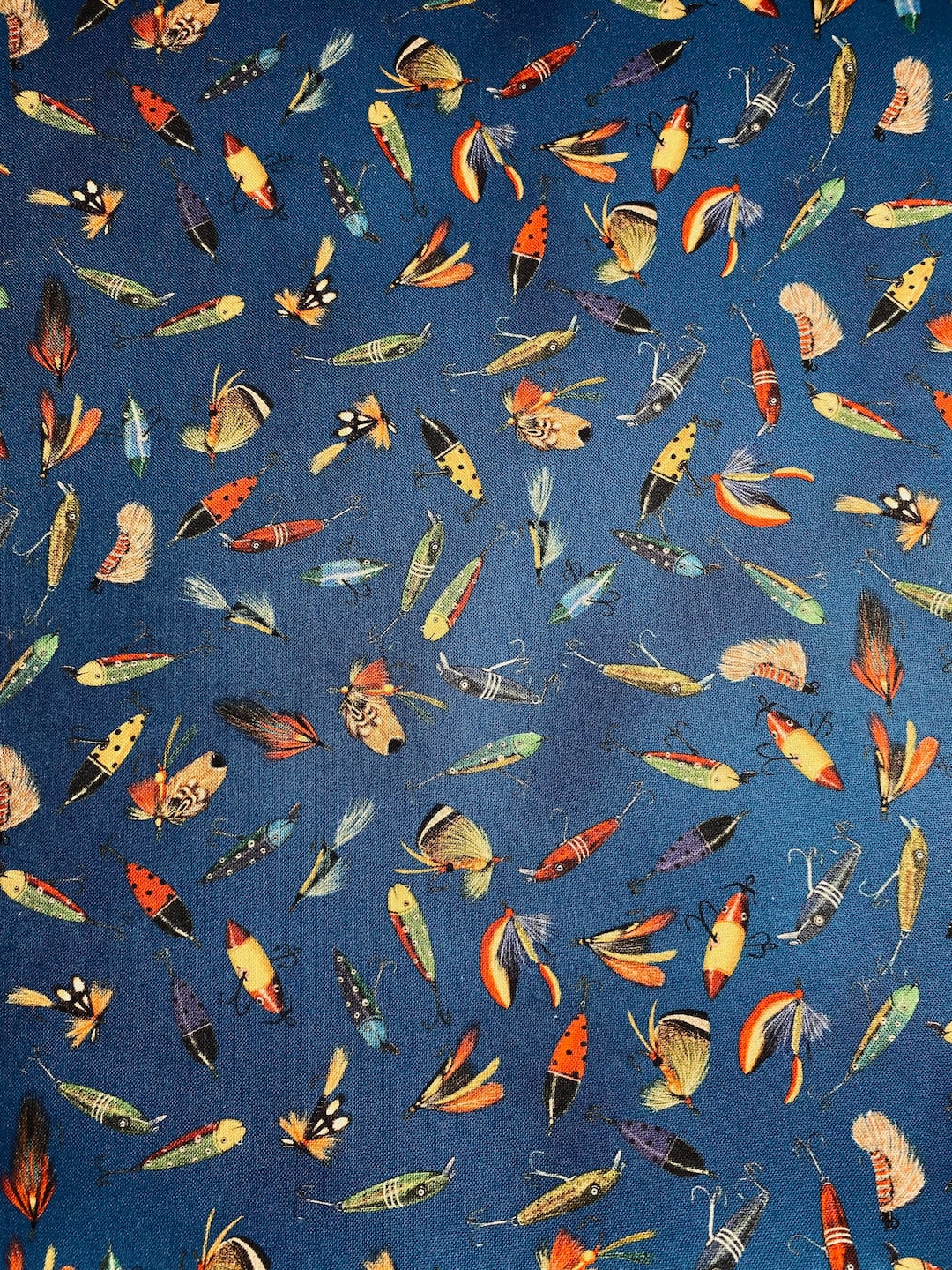 Fabric by the Half Yard - Fishing Lures on Bright Blue, Fishing Fabric ...