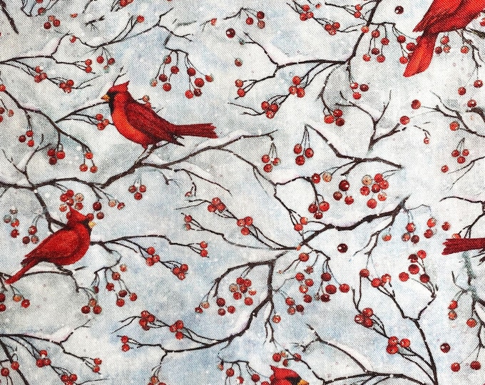 Fabric by the Half Yard - Cardinal Birds and Berries, Light Blue Snowy ...