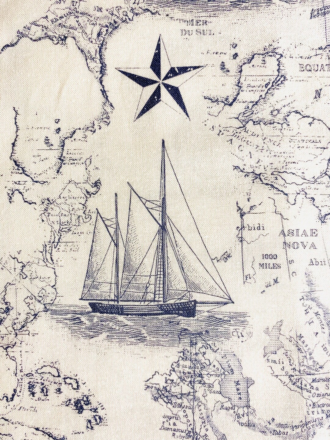 Fabric by the Half Yard - Nautical Fabric, Sailing Ships, Navy Blue, Nautical Map, Compass ...