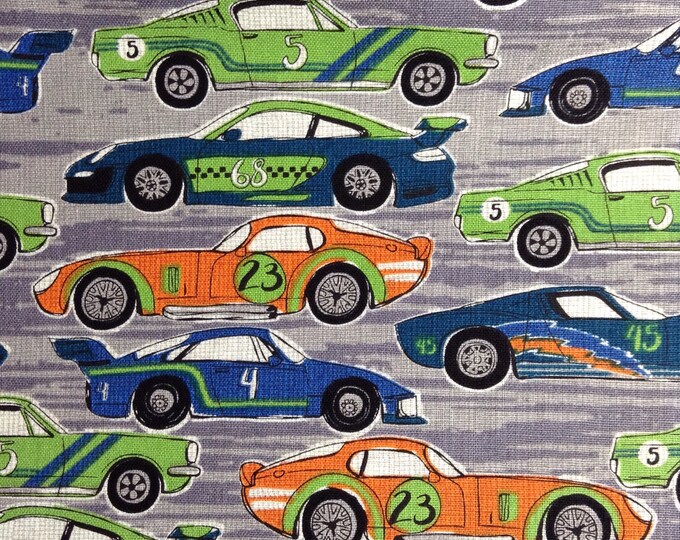 One 16 Inch Piece of Fabric - Race Cars on Gray, Race Car Fabric, Car ...