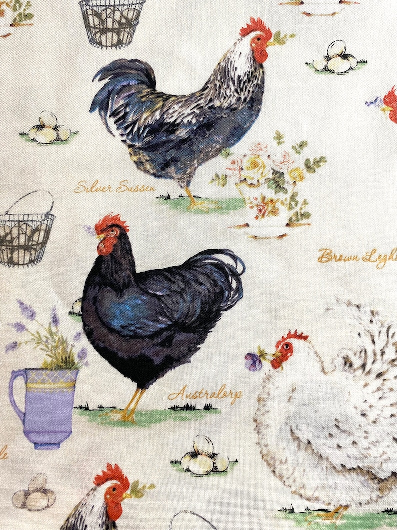 Fabric by the Half Yard - Named Chickens and Tea Cups, Chicken Fabric ...