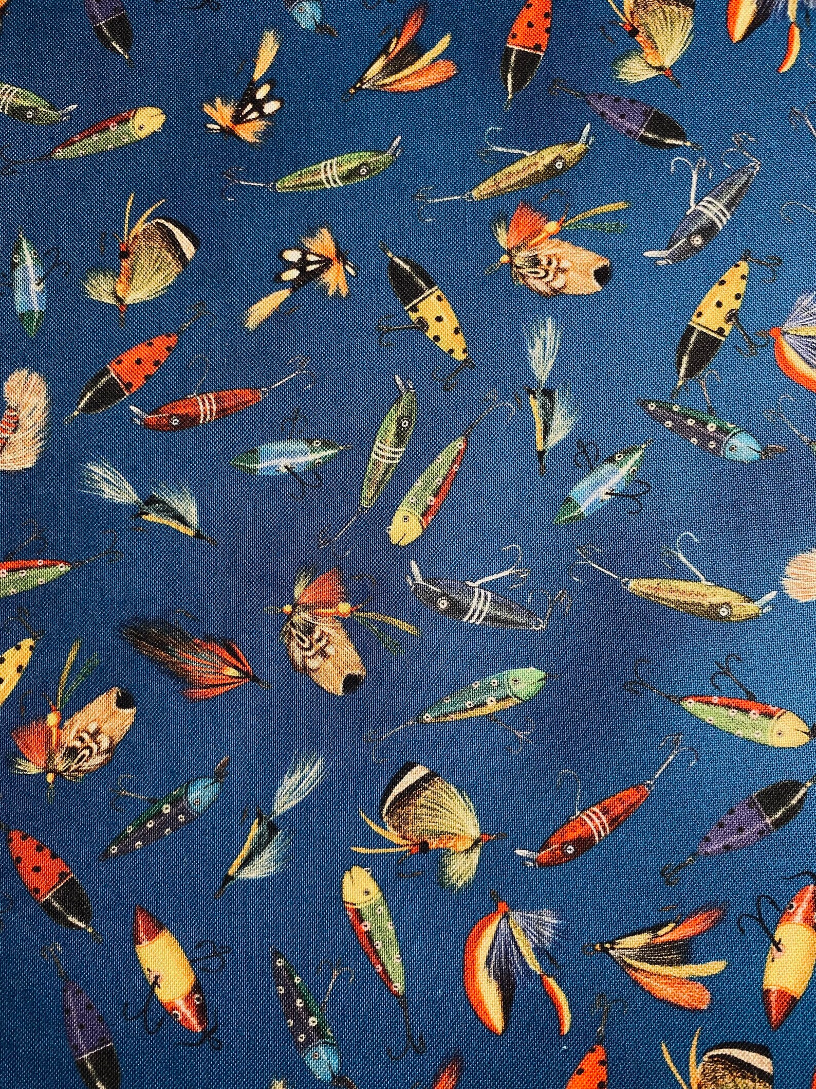 Fabric by the Half Yard - Fishing Lures on Bright Blue, Fishing Fabric ...