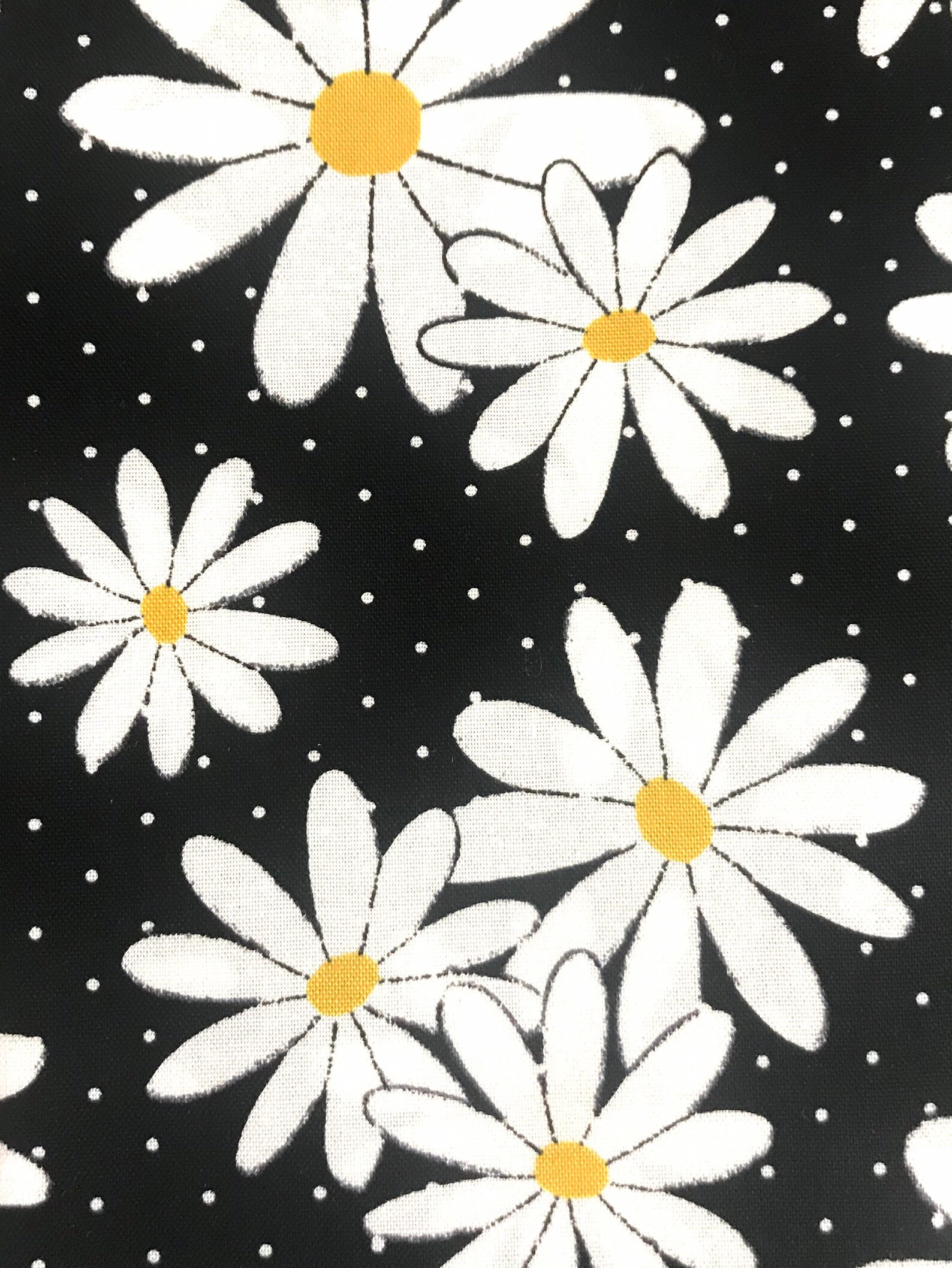 One Half Yard of Fabric - White Daisies and Dots on Black , Floral ...