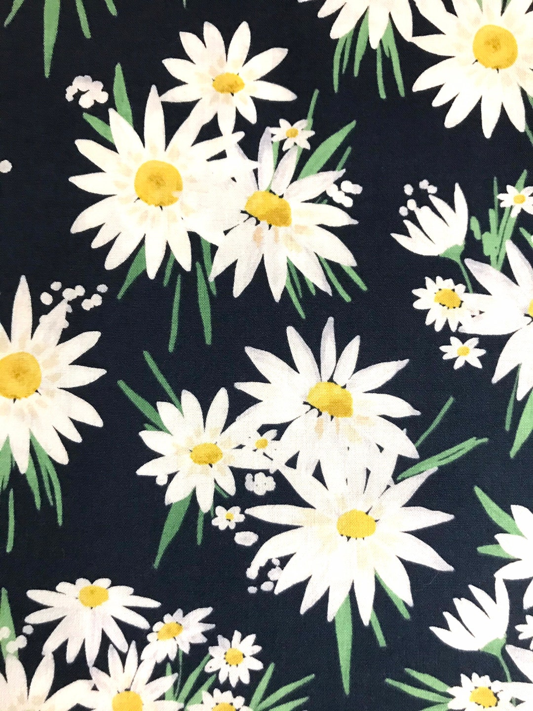 One Half Yard of Fabric - White Daisies on Navy, Floral Fabric, Daisy ...