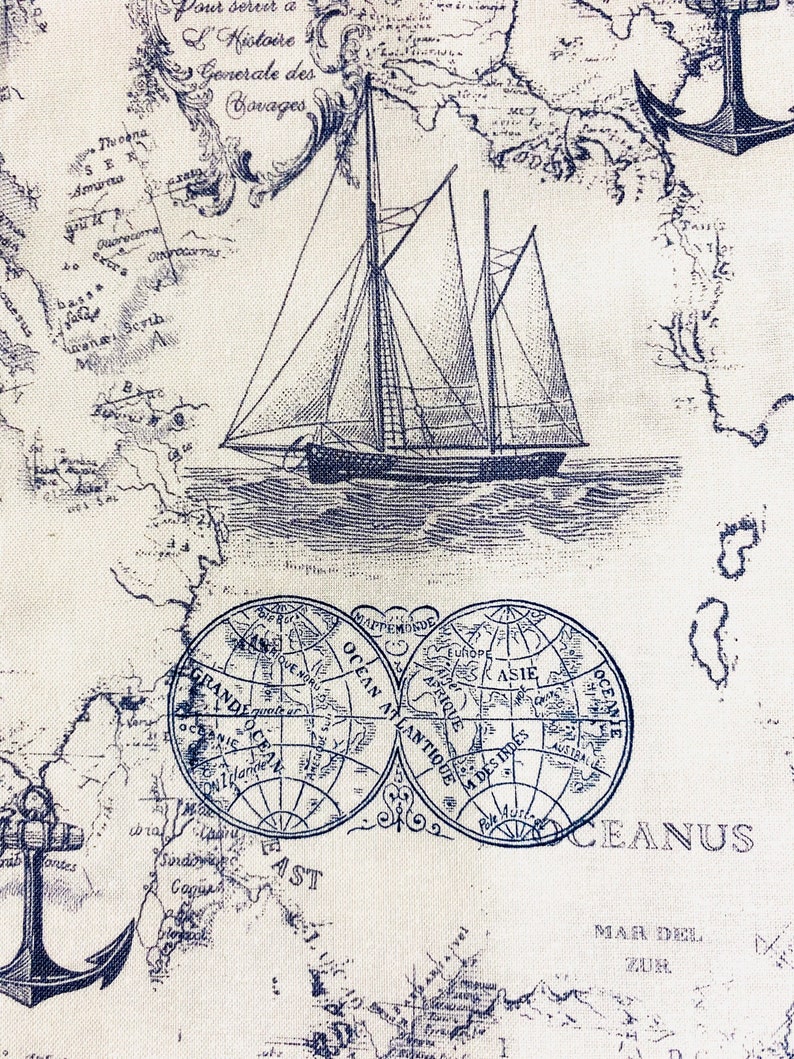 Fabric by the Half Yard - Nautical Fabric, Sailing Ships, Navy Blue ...