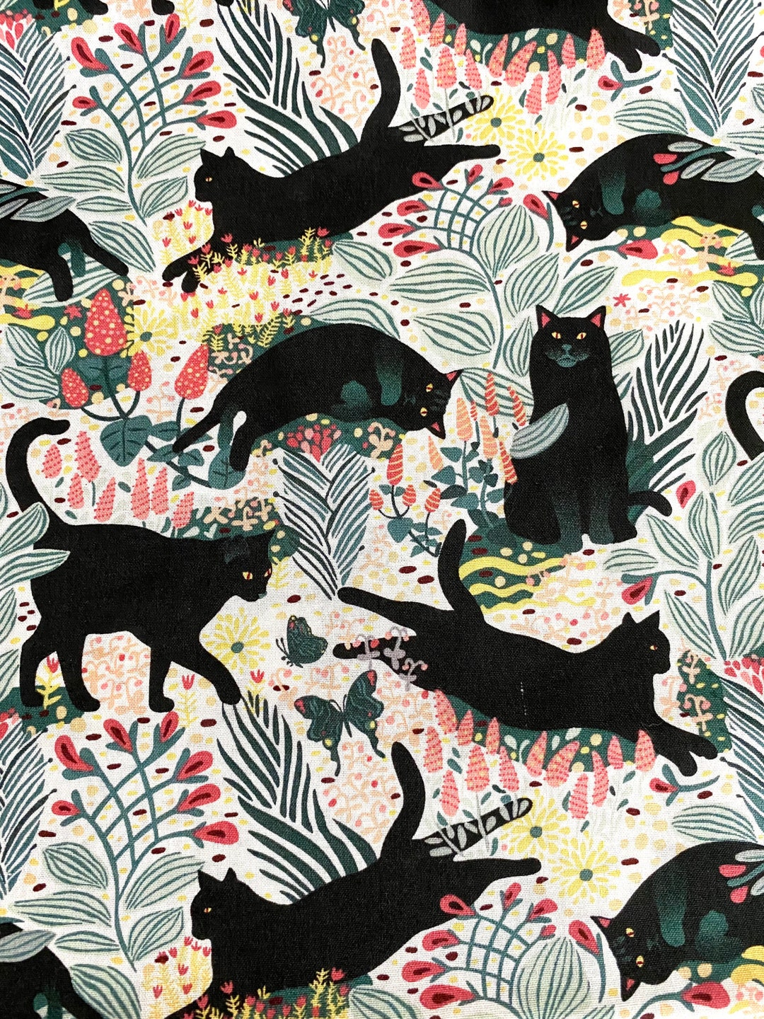 Fabric by the Half Yard - Black Cats Floral Fabric, Cats, Cat Fabric ...