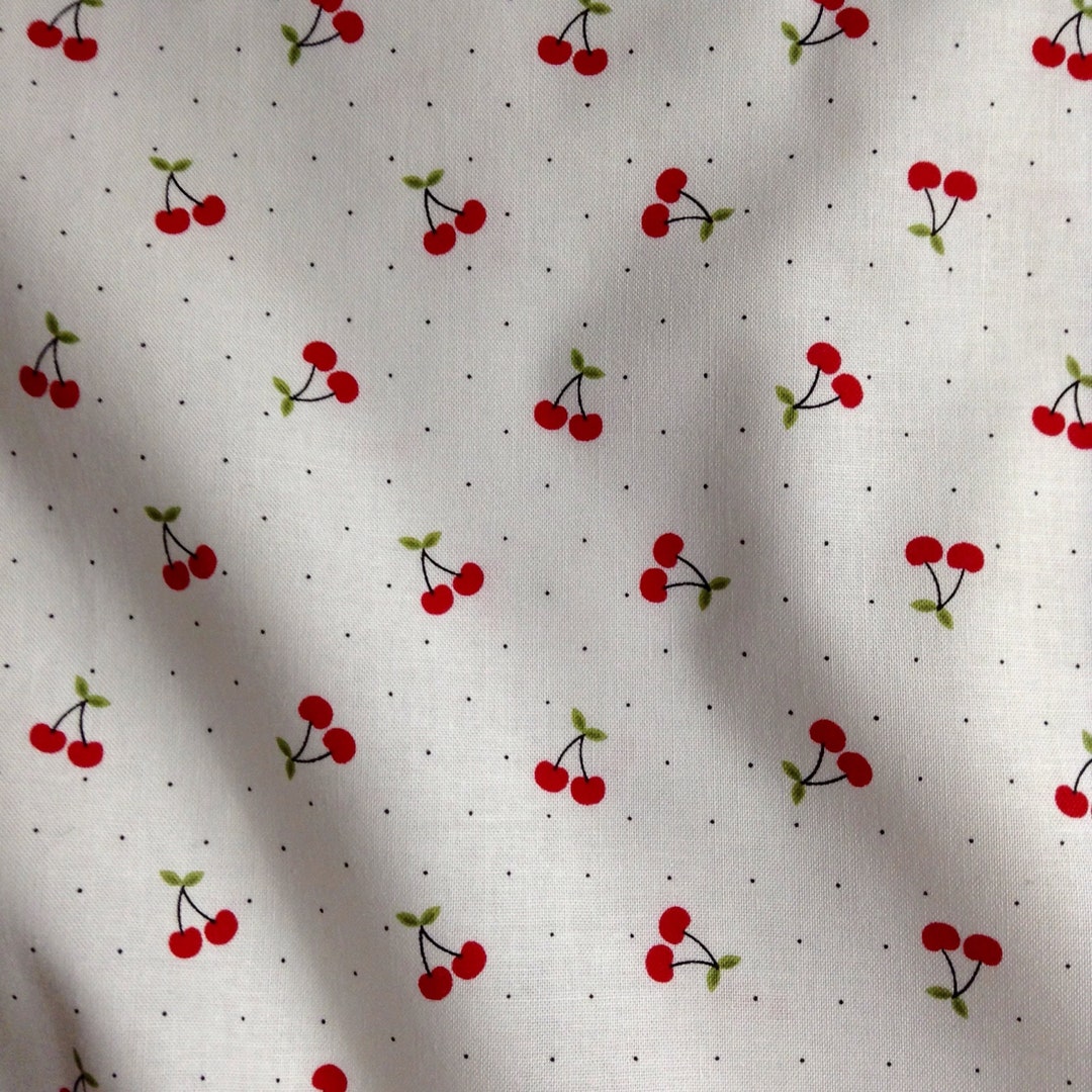 Fabric by the Half Yard - Small Cherries and Dots, White, Cherry Fabric ...