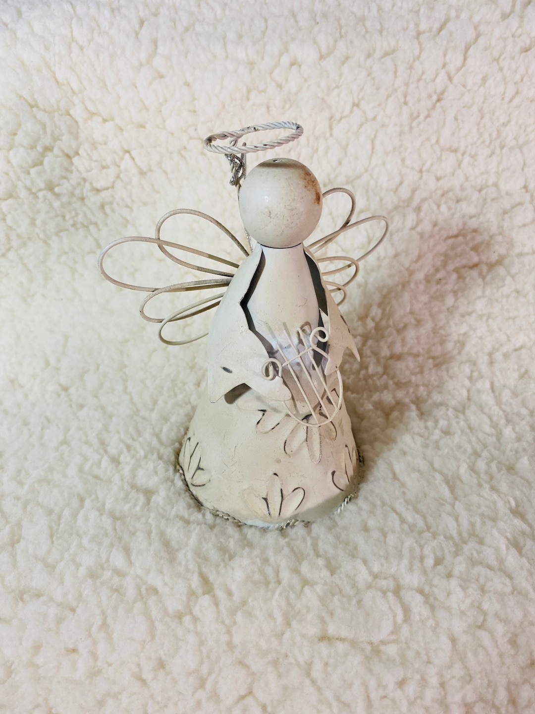 Vintage Metal Angel Ornament With Music Instrument, Creamy White, for ...